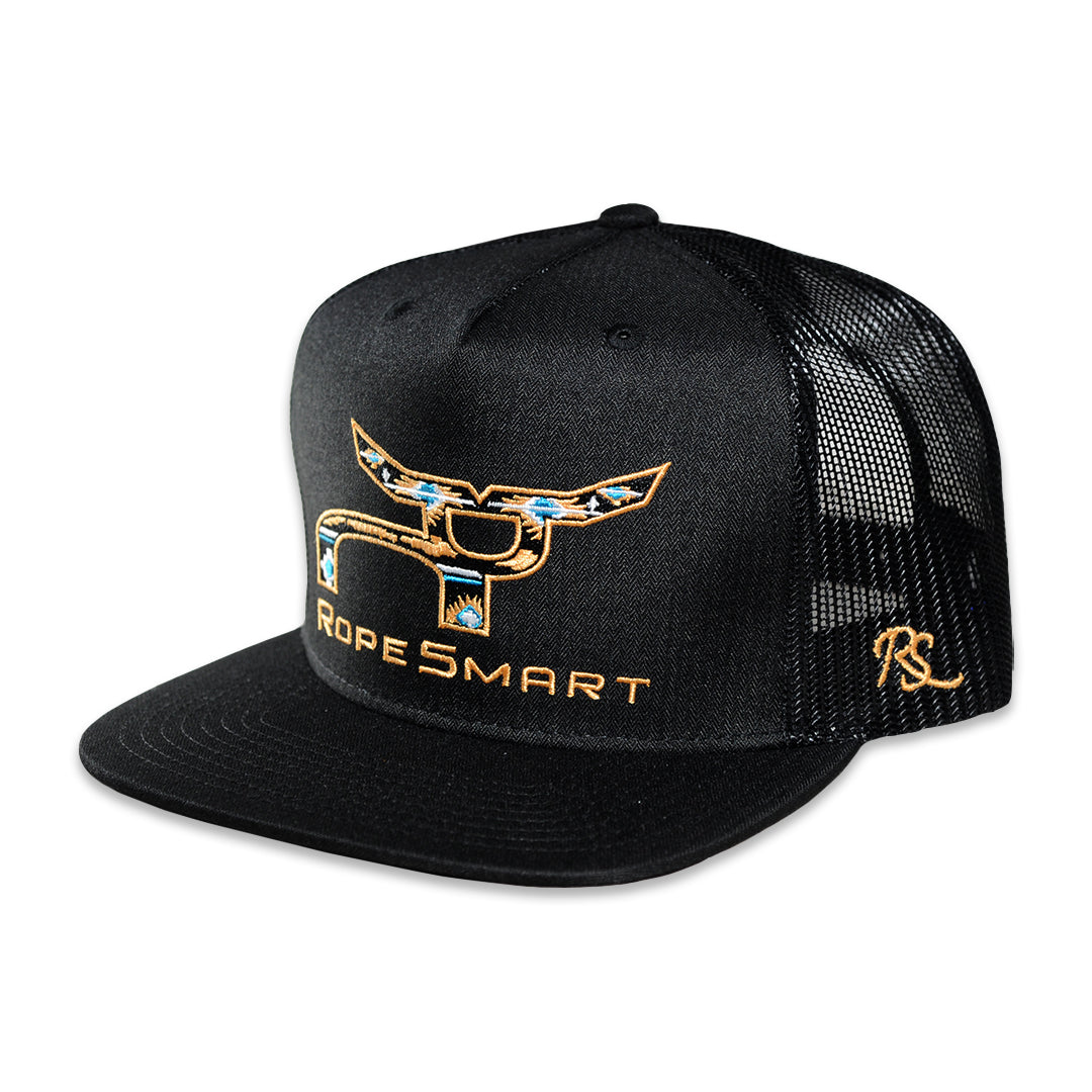RopeSmart Black Trucker Cap with Desert Blue Santa Fe Logo