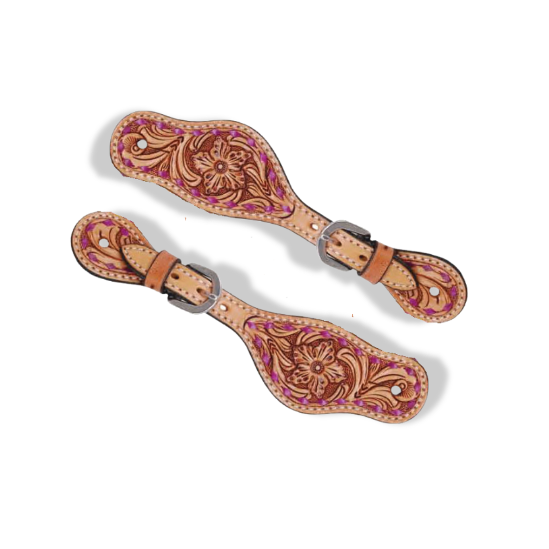 Rafter T Tack Kids Spur Straps w/ Floral Tooling & Purple Buckstitch